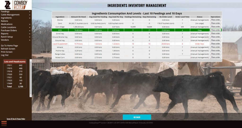 Screenshot of Ingredients Inventory Management – CowboySmart™